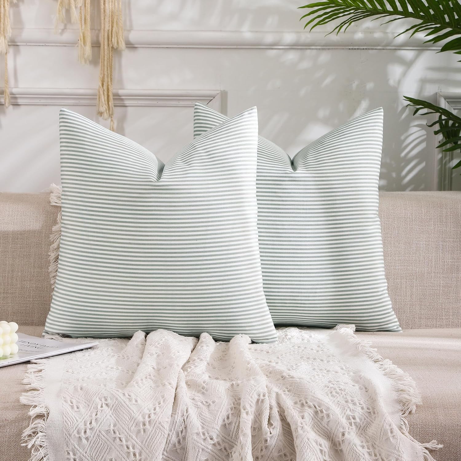 ARRIE HOME Farmhouse Light Green Striped Throw Pillow Covers 18x18 ...