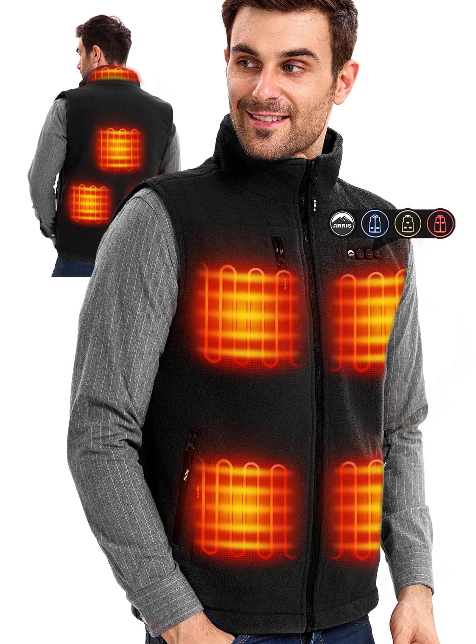ARRIS Men's Fleece Heated Vest with 7.4V USB Rechargeable Battery ...
