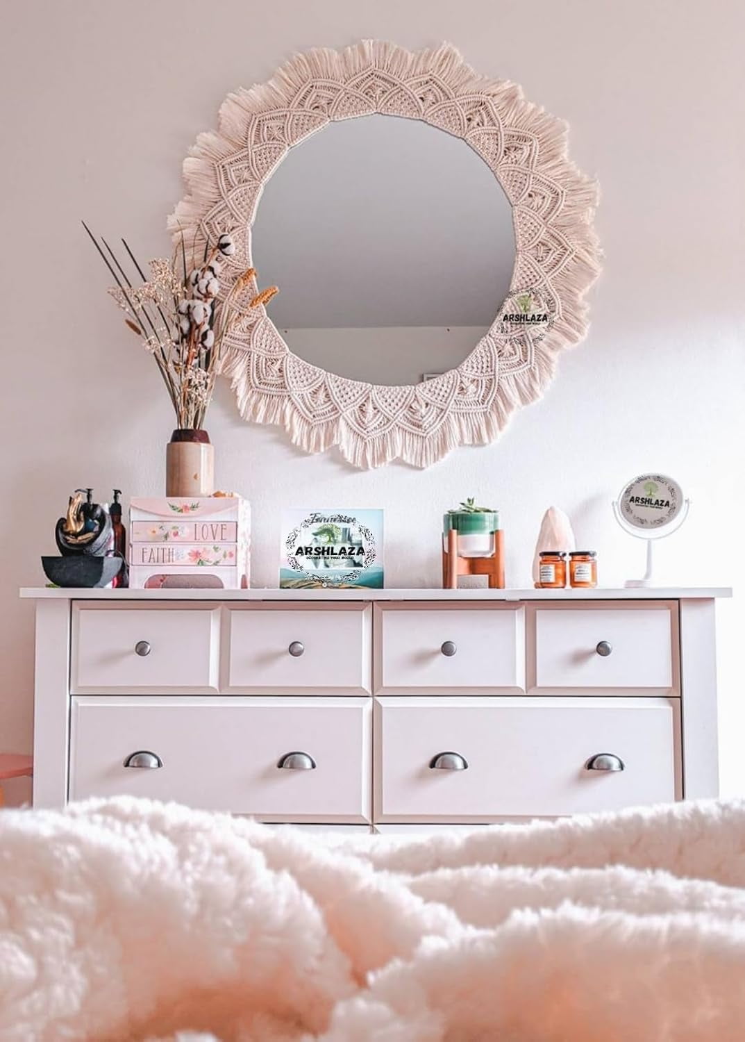 ARSHLAZA Macrame Hanging Wall Mirror with Macrame Round Mirror Art Boho ...