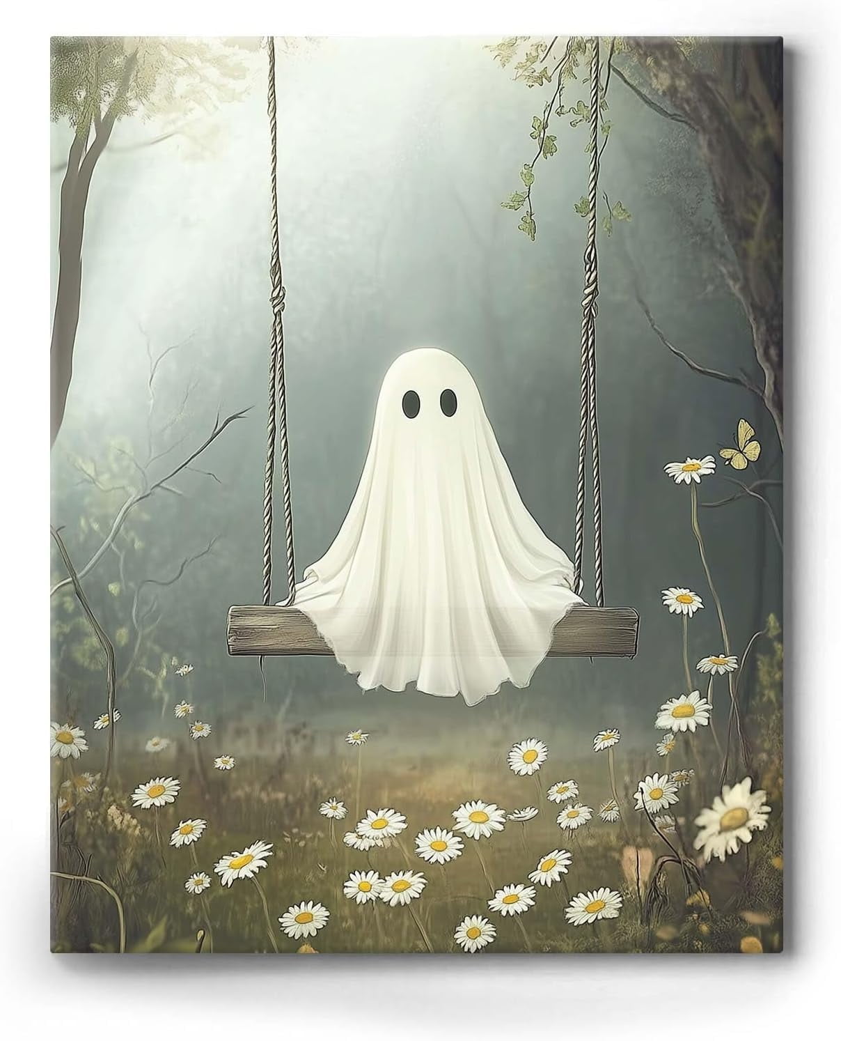 ART Halloween Wall Canvas Ghost On Swing In Garden Poster Cute Little ...