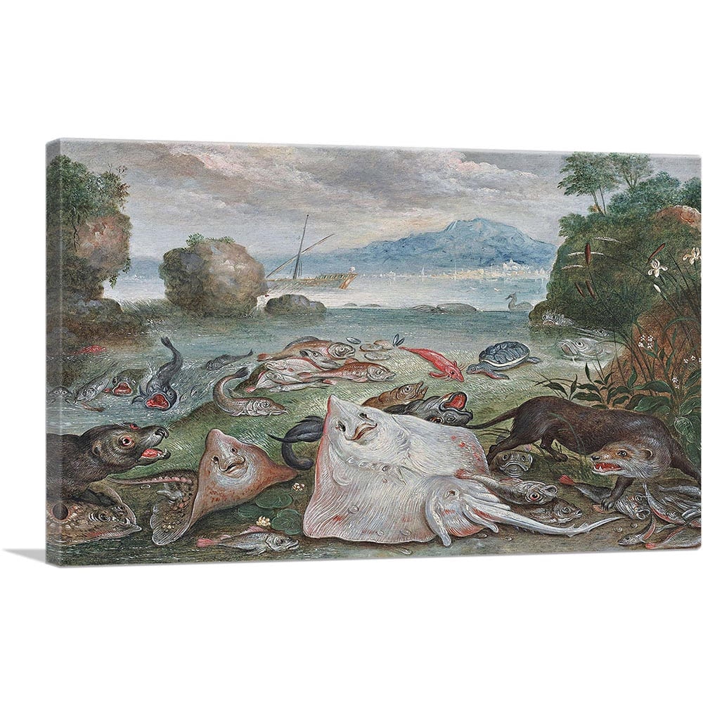 ARTCANVAS A Still Life Of Fish On a Beach With a Seal And An Otter ...