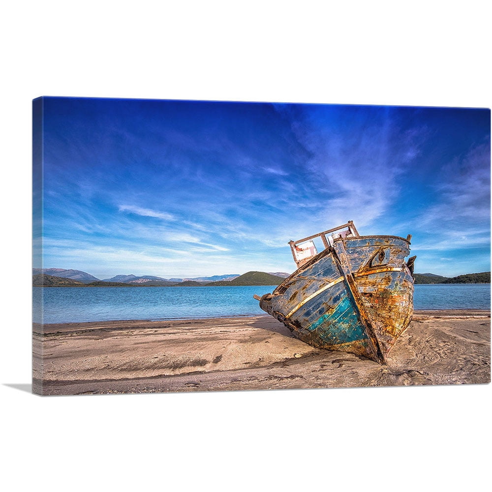 ARTCANVAS Boat On The Beach Home Decor Rectangle Canvas Art Print ...