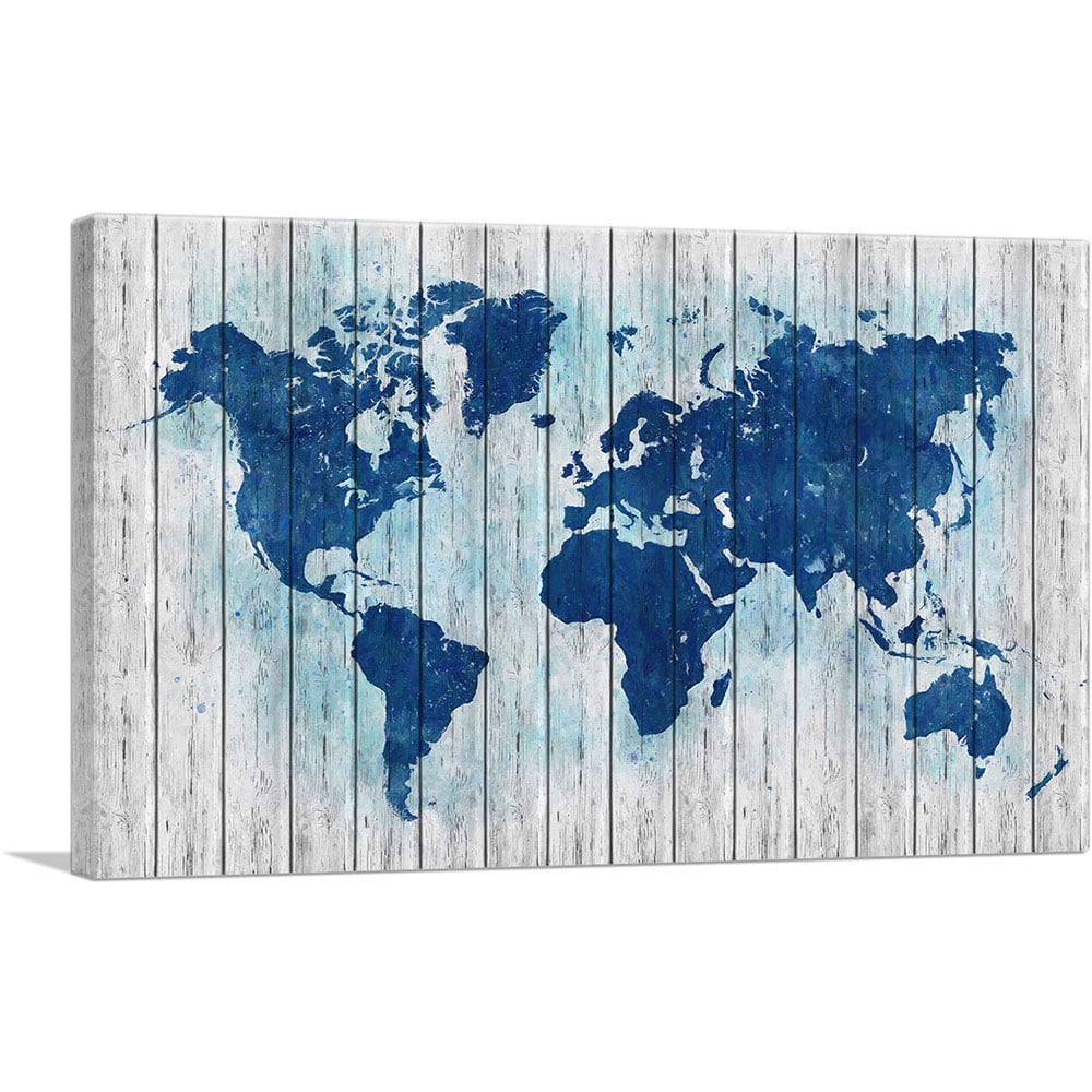 ARTCANVAS Navy Blue Gray World Map Canvas Art Print - Size: 60" x 40 ...