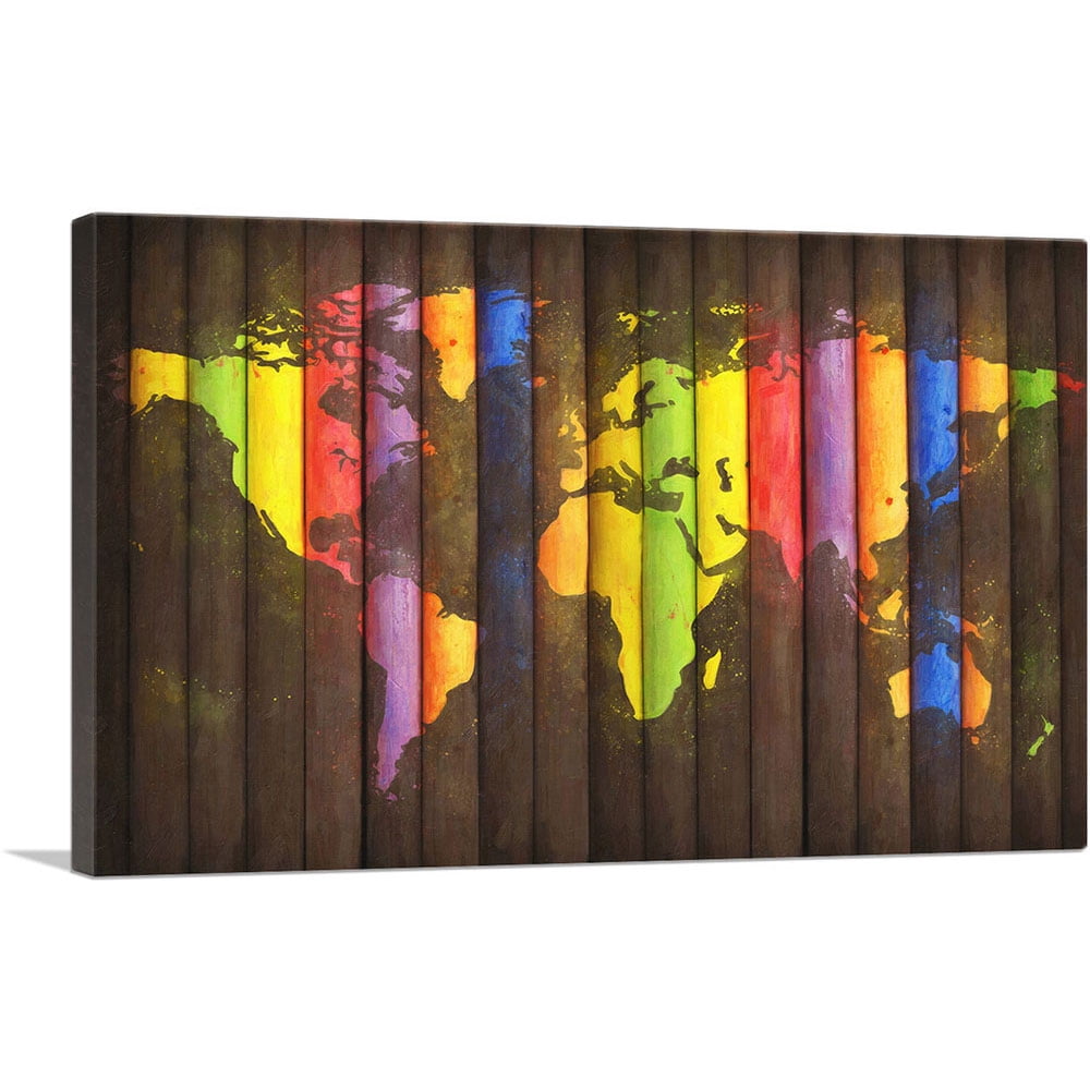 ARTCANVAS Rainbow Colorful World Map Canvas Art Print - Size: 26" x 18 ...