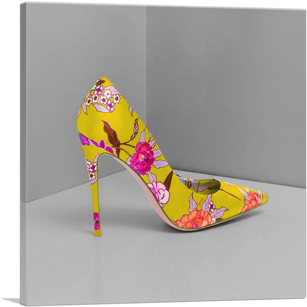 ARTCANVAS Yellow Modern High Heels Shoe Stiletto Flower Pattern Canvas ...