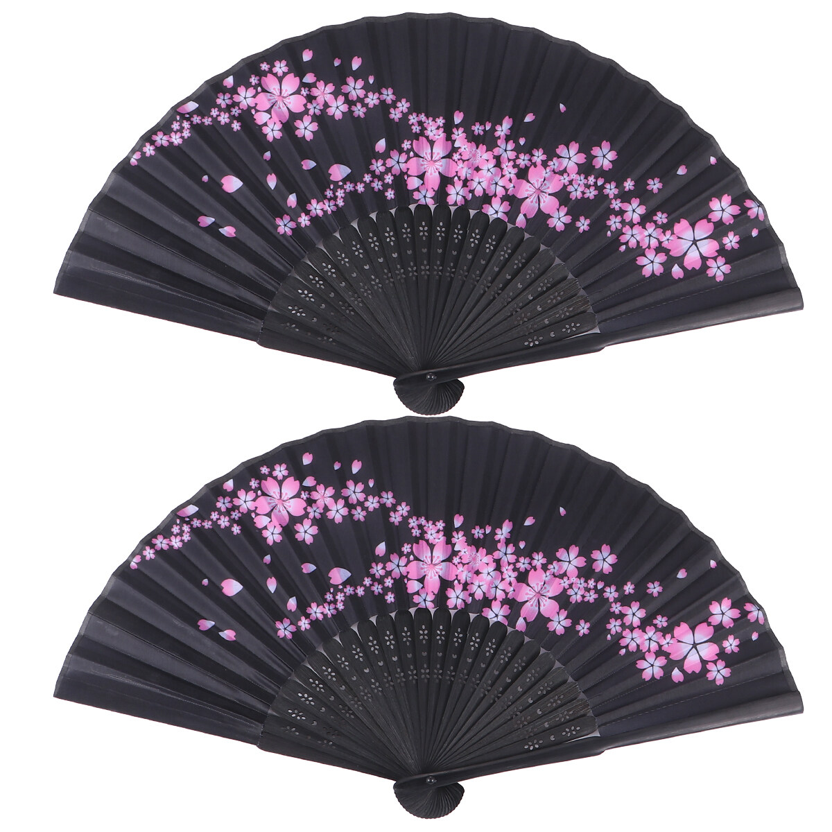 ARTEA 2pcs Black Silk Cloth Fan with Flowers Hand Held Folding Fans ...