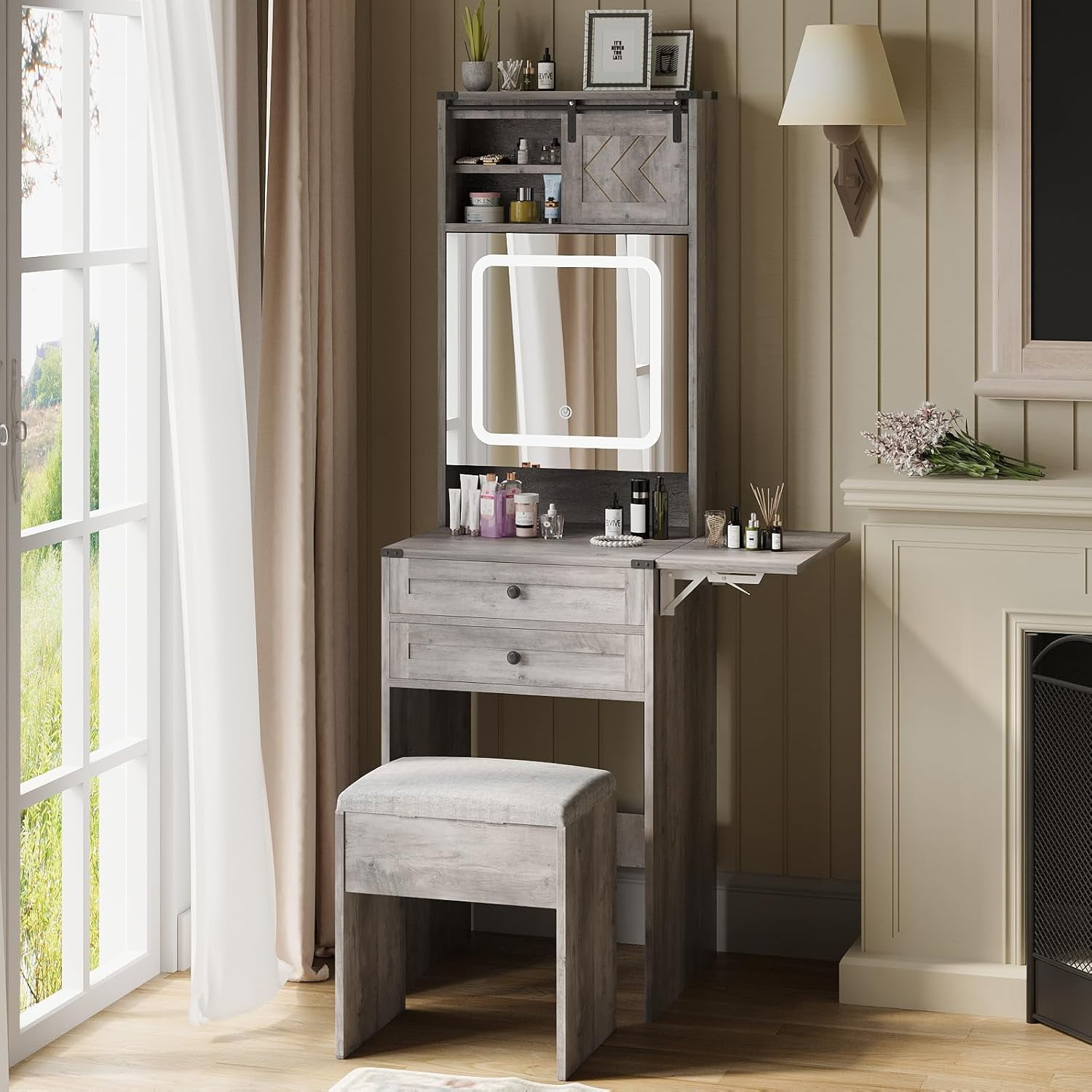 ARTETHYS Farmhouse Small Vanity Desk Set with Mirror Cabinet Compact ...