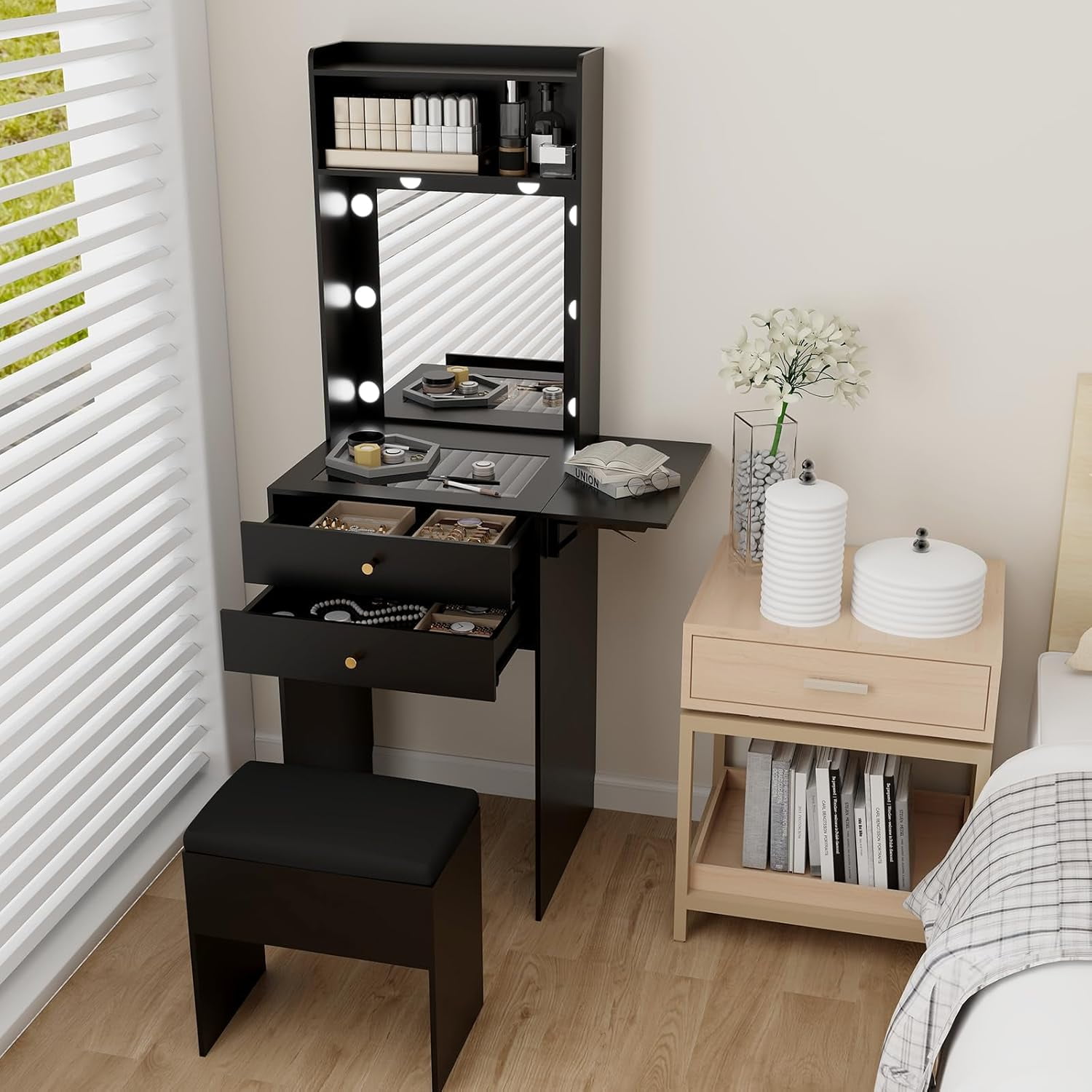 ARTETHYS Small Vanity Desk with Mirror and Lights Mini Black Makeup ...