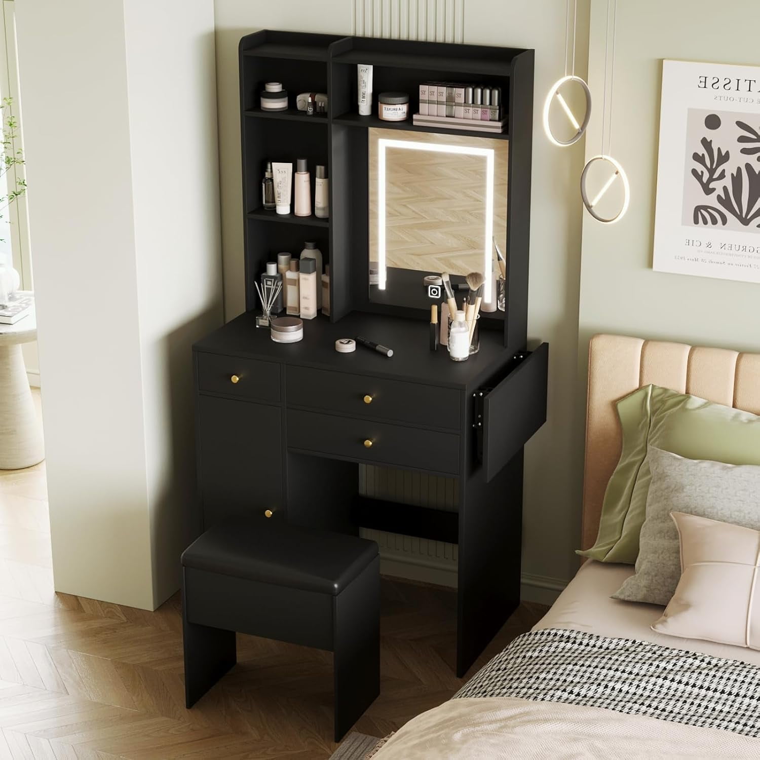 ARTETHYS Vanity Desk with Mirror and Lights Black Makeup Vanities Set with Storage Chair ...