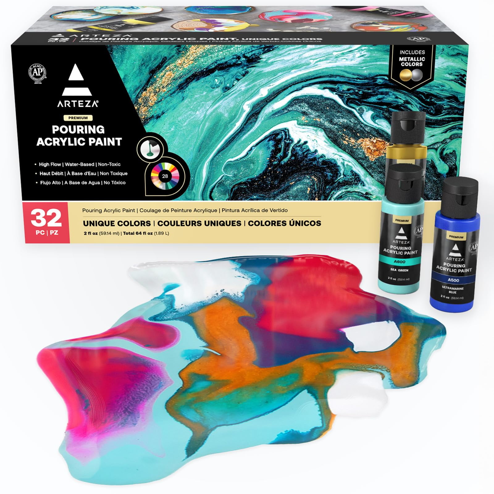 ARTEZA Acrylic Pouring Paint Set of 32, 2 ounce Bottles, Assorted ...