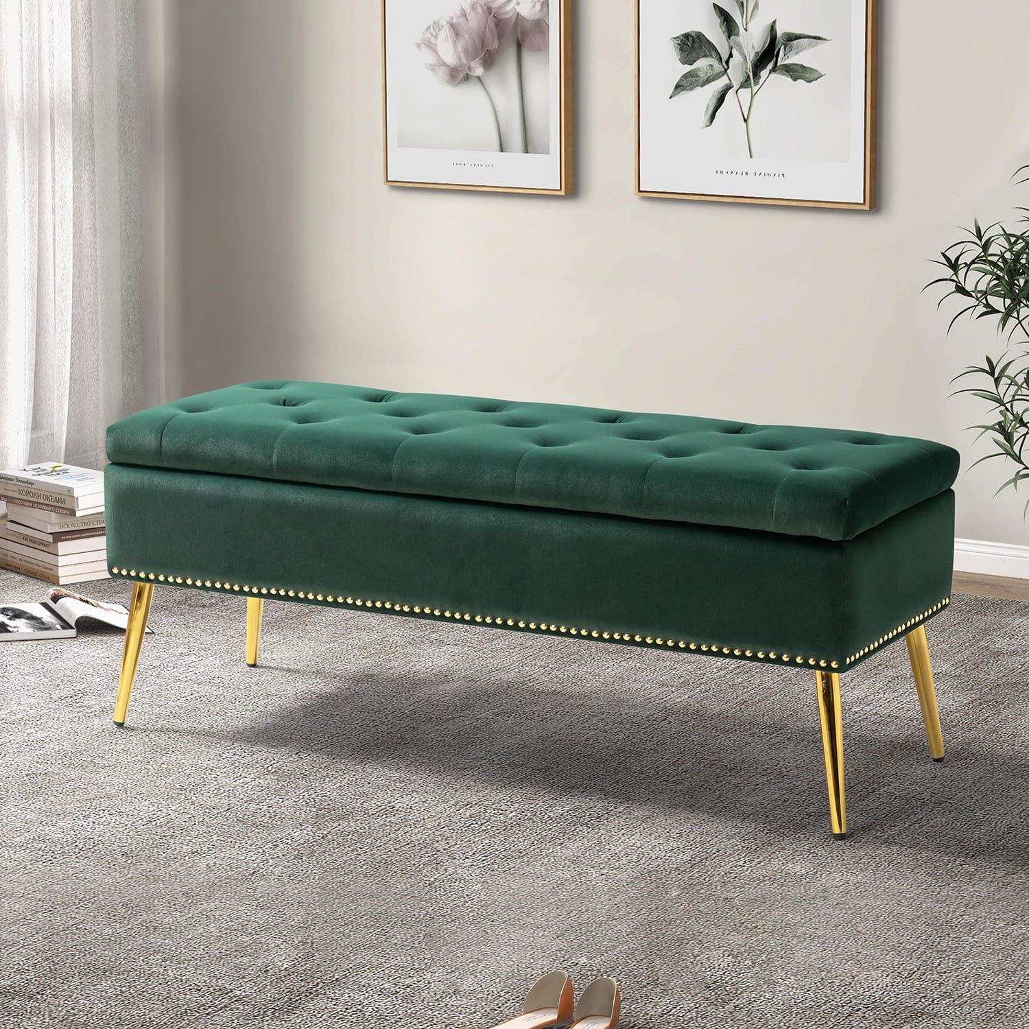 ARTFUL Modern Velvet Storage Ottoman Bench with Gold Base & Nailhead ...