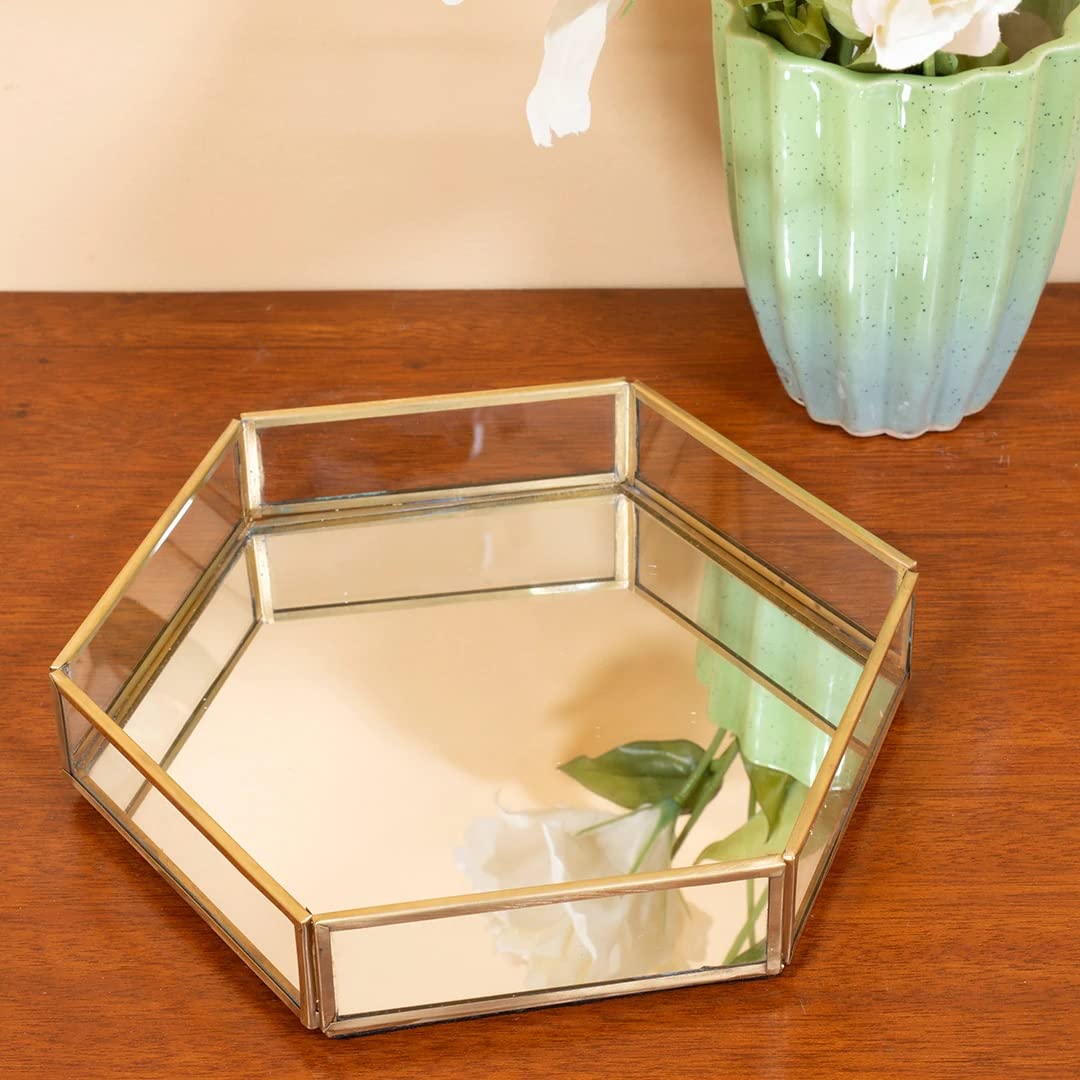 ARTINCO Vintage Glass Brass Vanity Tray Hexagonal Home Table Decoration ...
