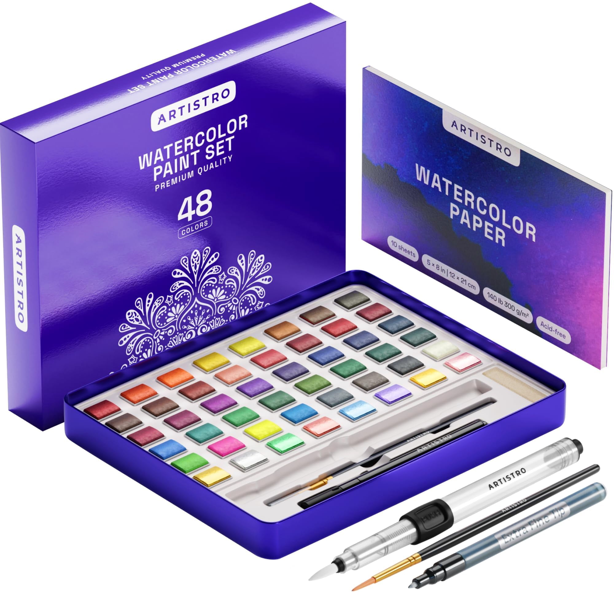 ARTISTRO Watercolor PaintTRDN Set, 48 Vivid Colors in Portable Metallic ...