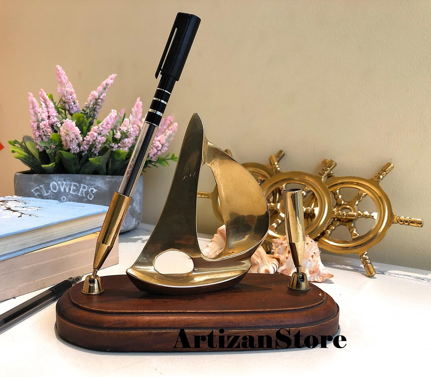 ARTIZAN VILLAGE Nautical Vintage Wooden Sailing Ship Pen Holder Desk ...