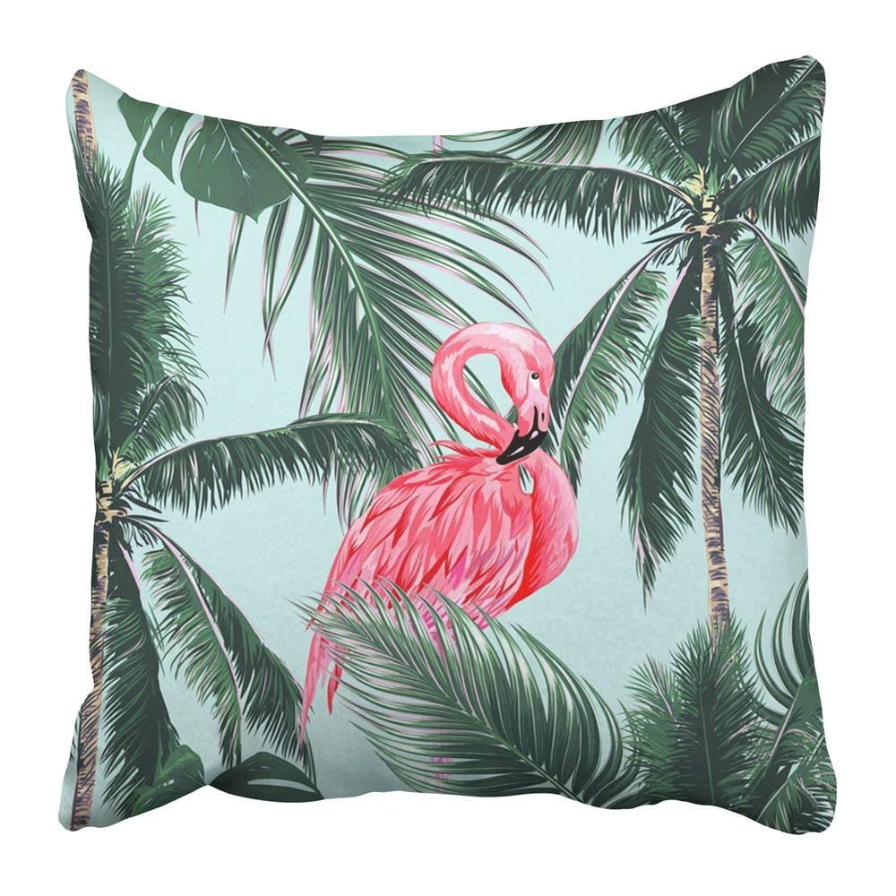 ARTJIA Green Miami Pink Flamingos Exotic Birds Tropical Palm Leaves ...