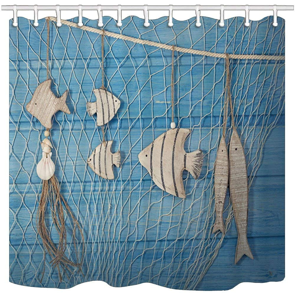 ARTJIA Nautical Fishing Net Blue Wooden Background Polyester Fabric ...