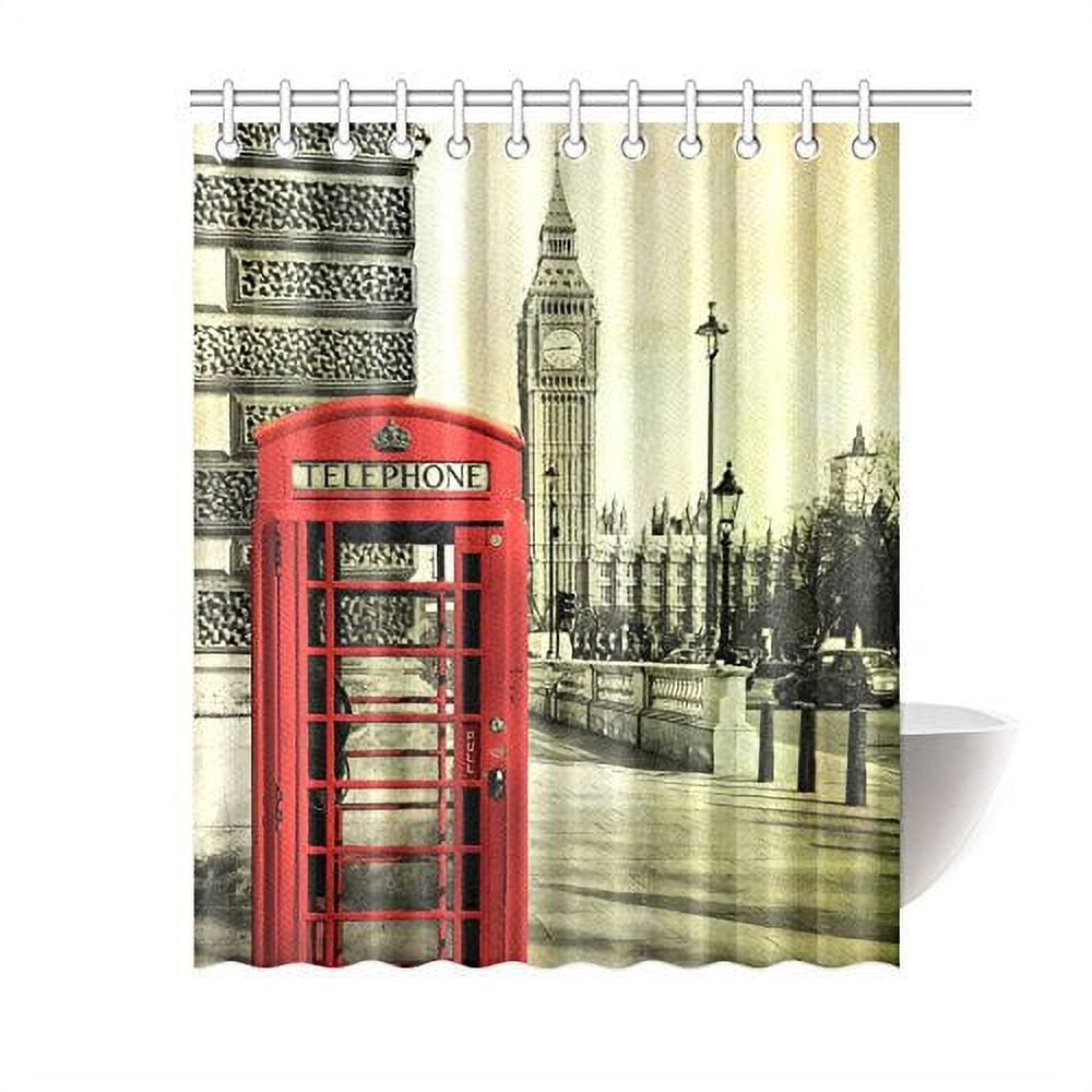 ARTJIA Red Telephone Box Shower Curtain, Vintage London City Landmark ...