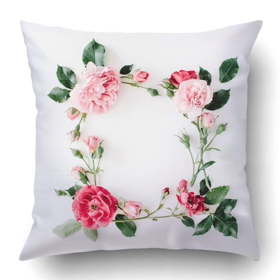 ARTJIA Round Frame Wreath Roses Pink Flower Branches Leaves Pillowcase ...