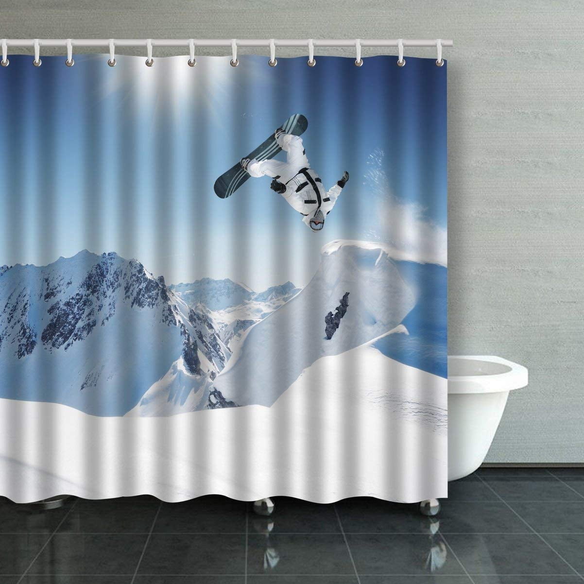 ARTJIA Snowboard Jumping In High Mountains Shower Curtain Bathroom ...