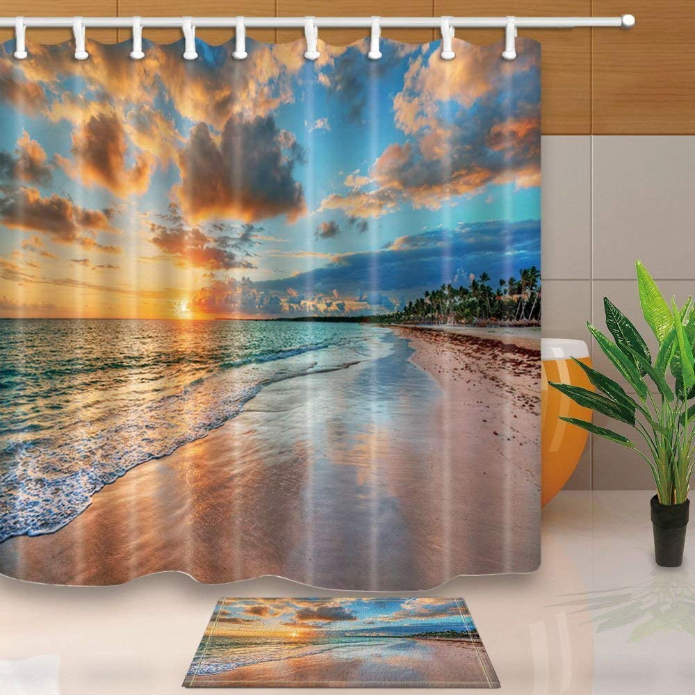 ARTJIA Tropical Beach Decor Beautiful Beaches at Sunset Shower Curtain ...