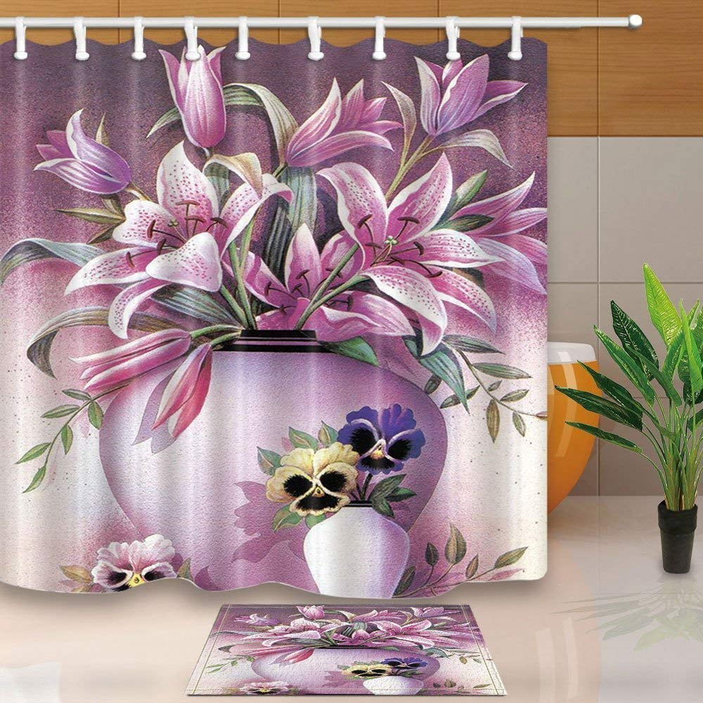 Artjia Watercolor Flowers Decor Pink Lily In A Vase Shower Curtain