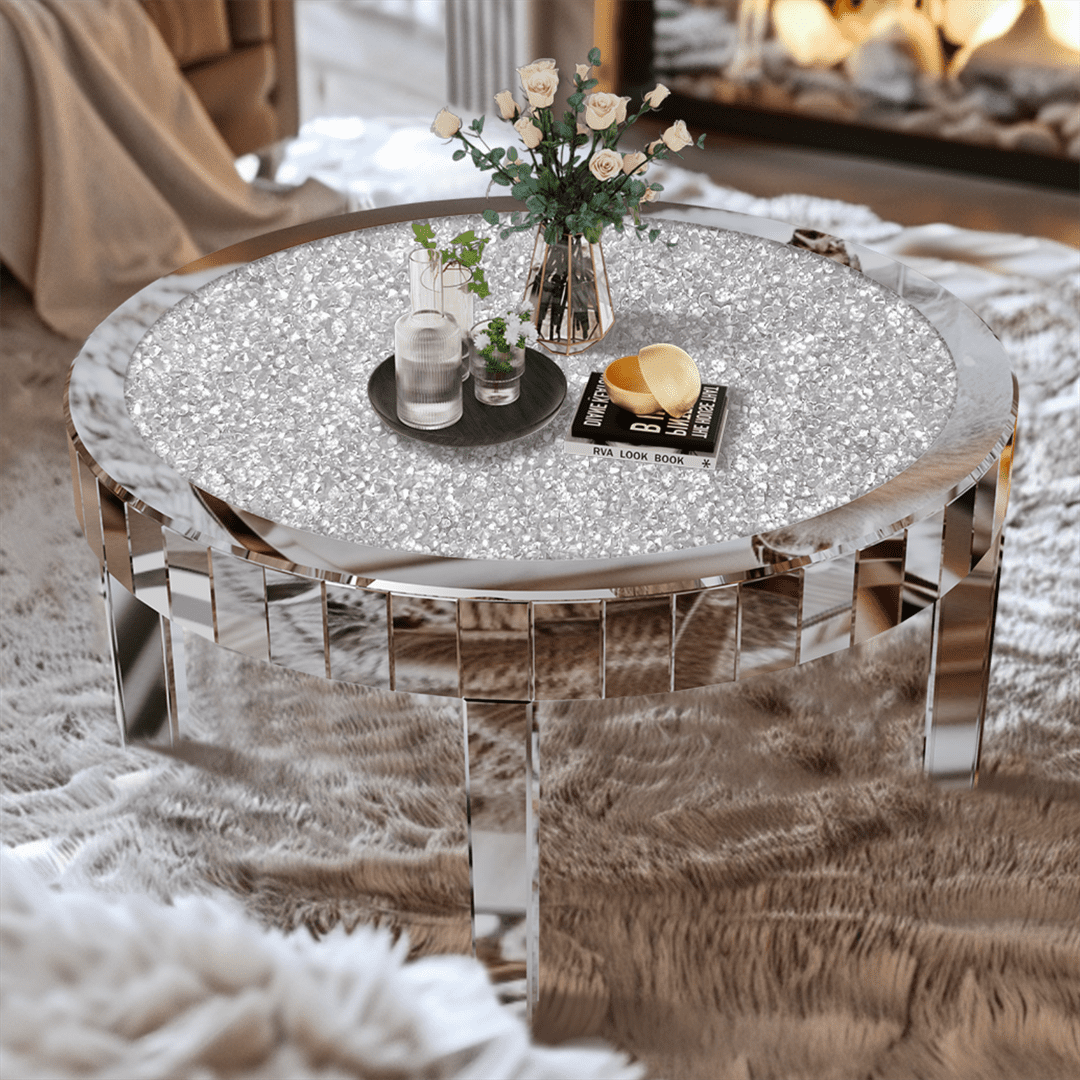 ARTLOGE Large Mirrored Coffee Table Luxurious Diamonds Round End Side ...