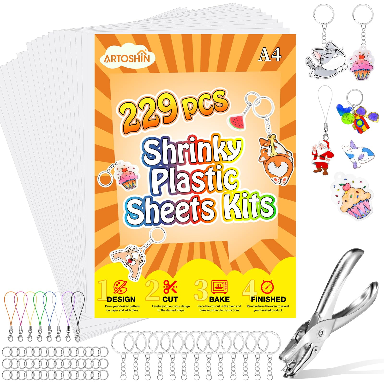 ARTOSHIN 229 PCS Shrinky TMA2 Dink Sheets Kit, Shrink Paper Keychain Kit with 20 Pcs Shrinky ...