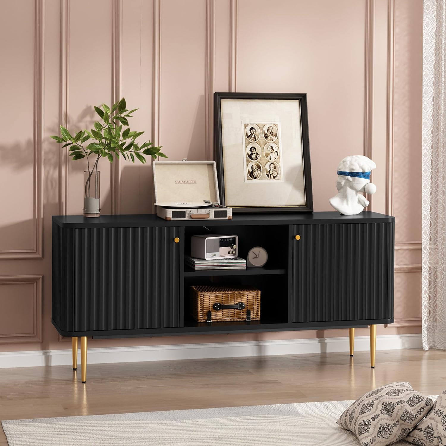 ARTPOWER 55” Fluted TV Stand, Mid Century Modern TV Stand for 55/60/65 inch TV, Entertainment ...