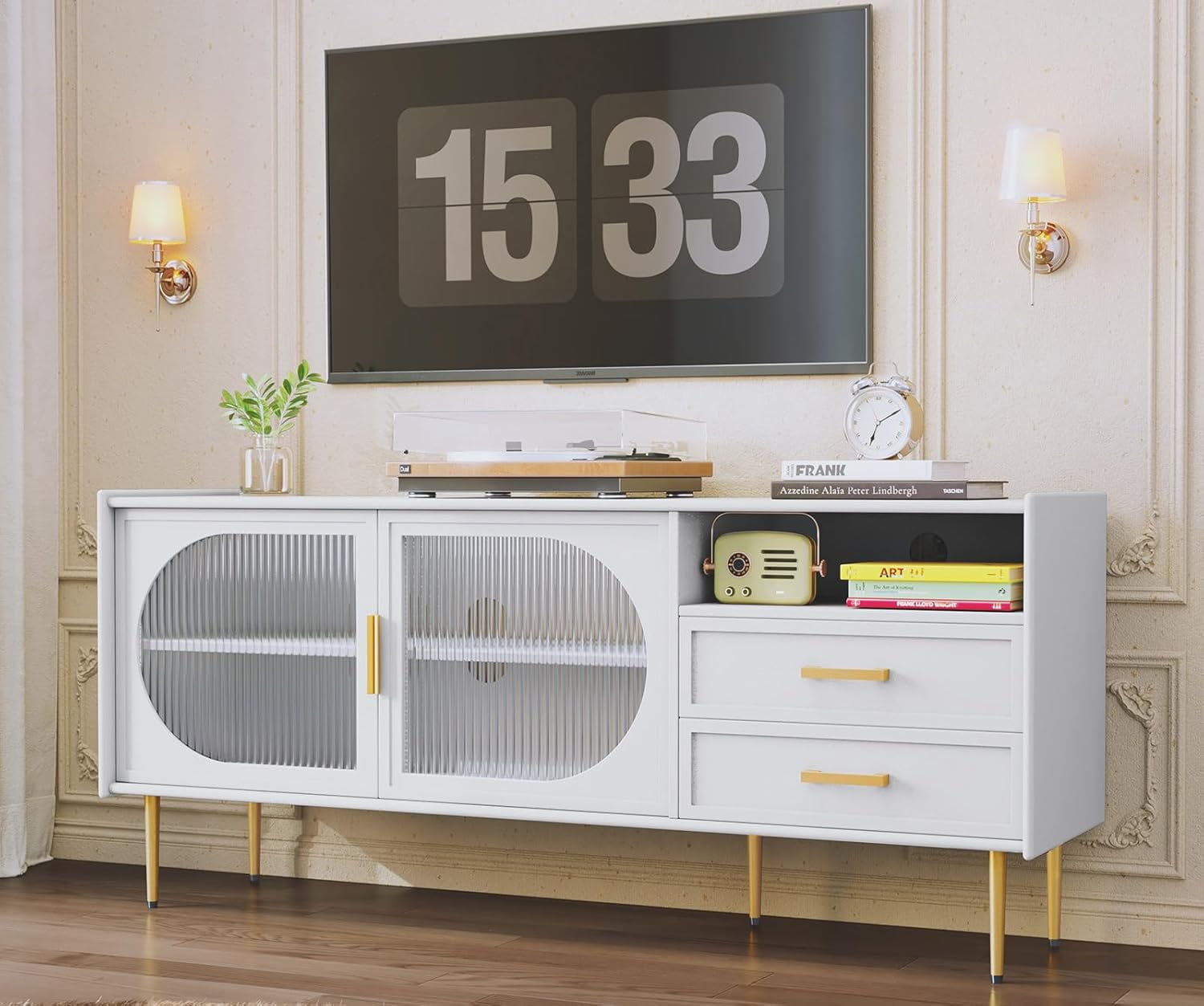 ARTPOWER Modern 60” TV Stand for 55/60/65 inches TVs, Glass Door TV ...