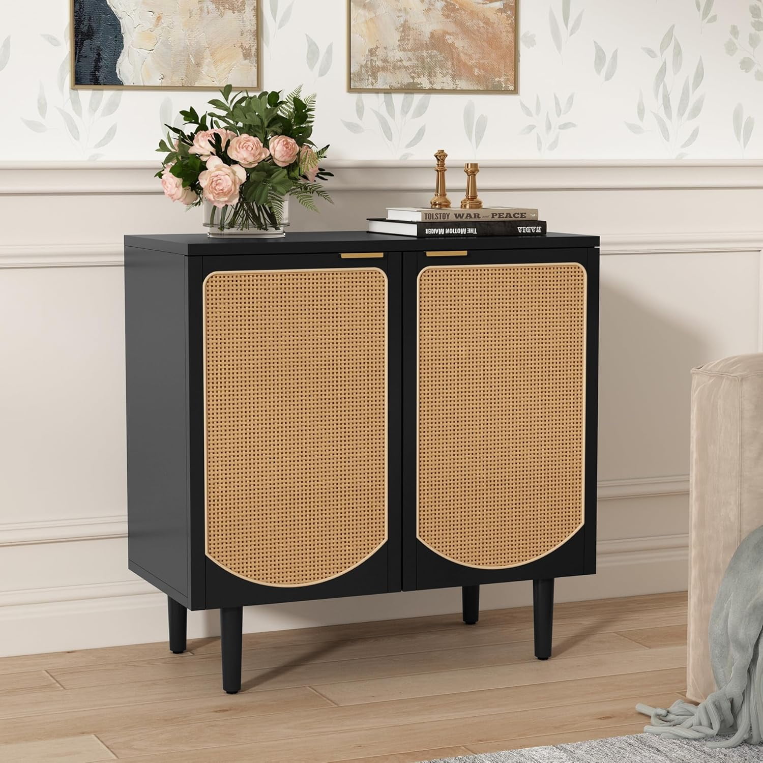 ARTPOWER Rattan Accent Cabinet with 2 Doors, Boho Sideboard Buffet ...