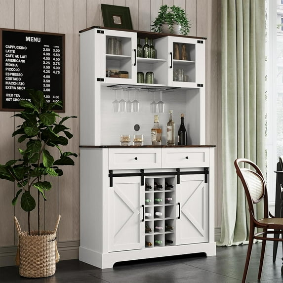 ARTPOWER Wine Bar Cabinet with Sliding Barn Door, 72" Hutch Cabinet ...