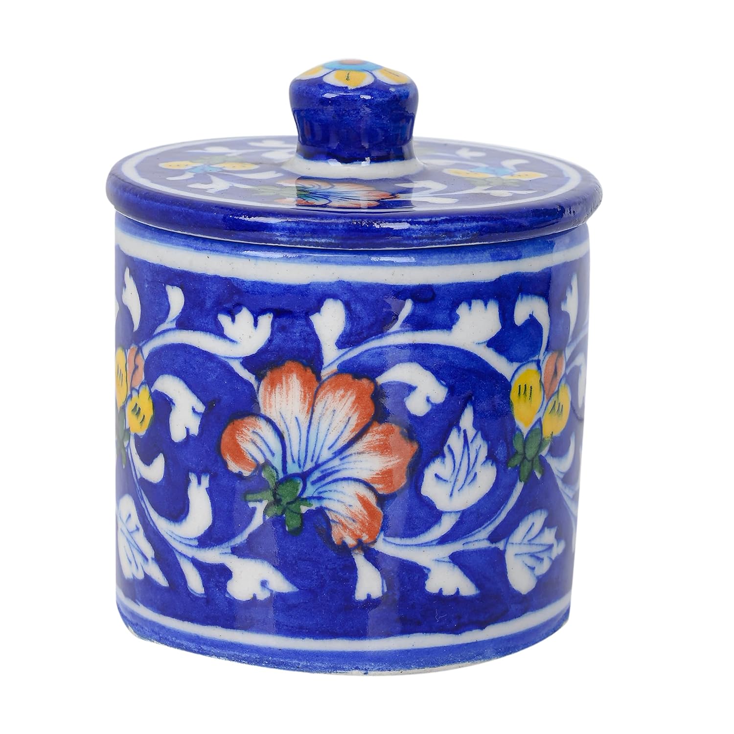 ARTS CRAFTS BLUE POTTERY JAR ROYAL BLUE BASE MULTI COLOUR FLORAL HAND ...