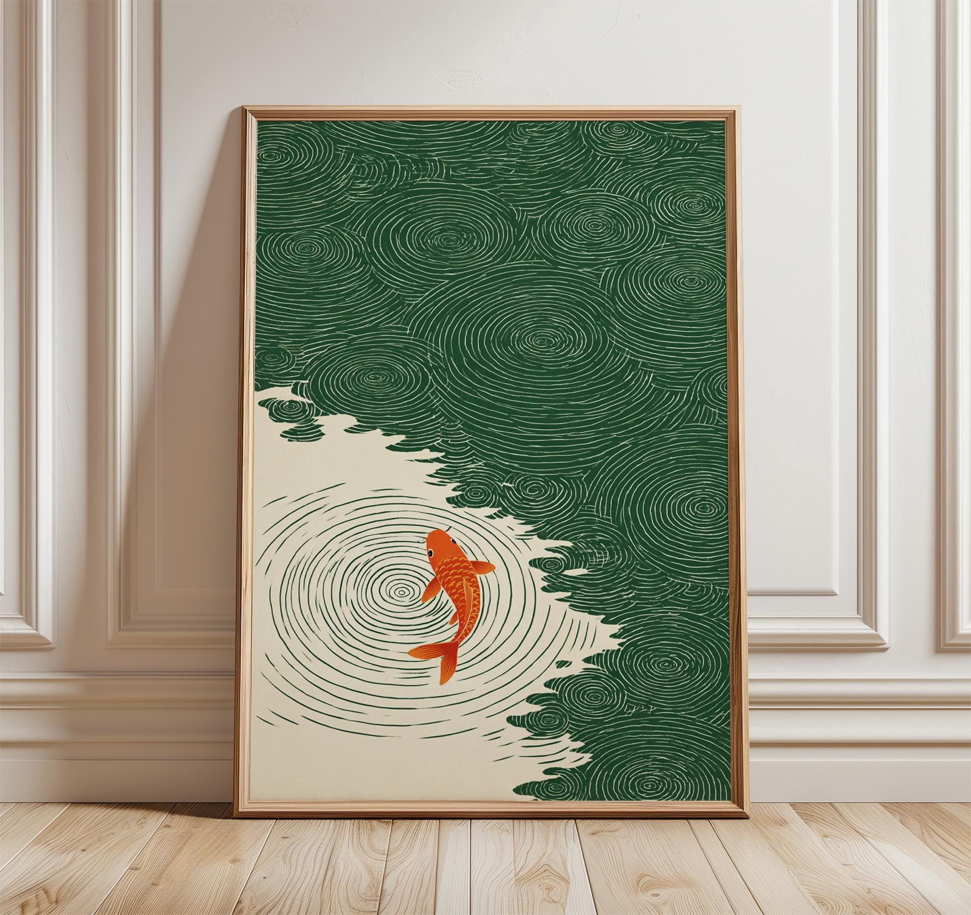 ARTVORA Koi Fish Wall Art, Japanese Ripple Design, Minimalist Green ...