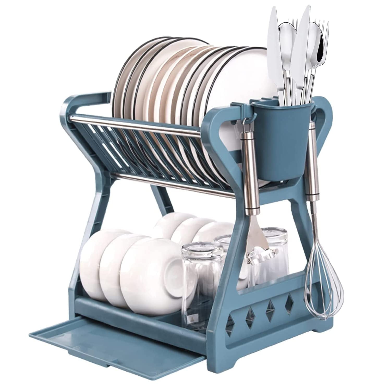 ARURA LABEL Plastic Dish Drying Rack Kitchen Utensil Holder 2 Tier ...