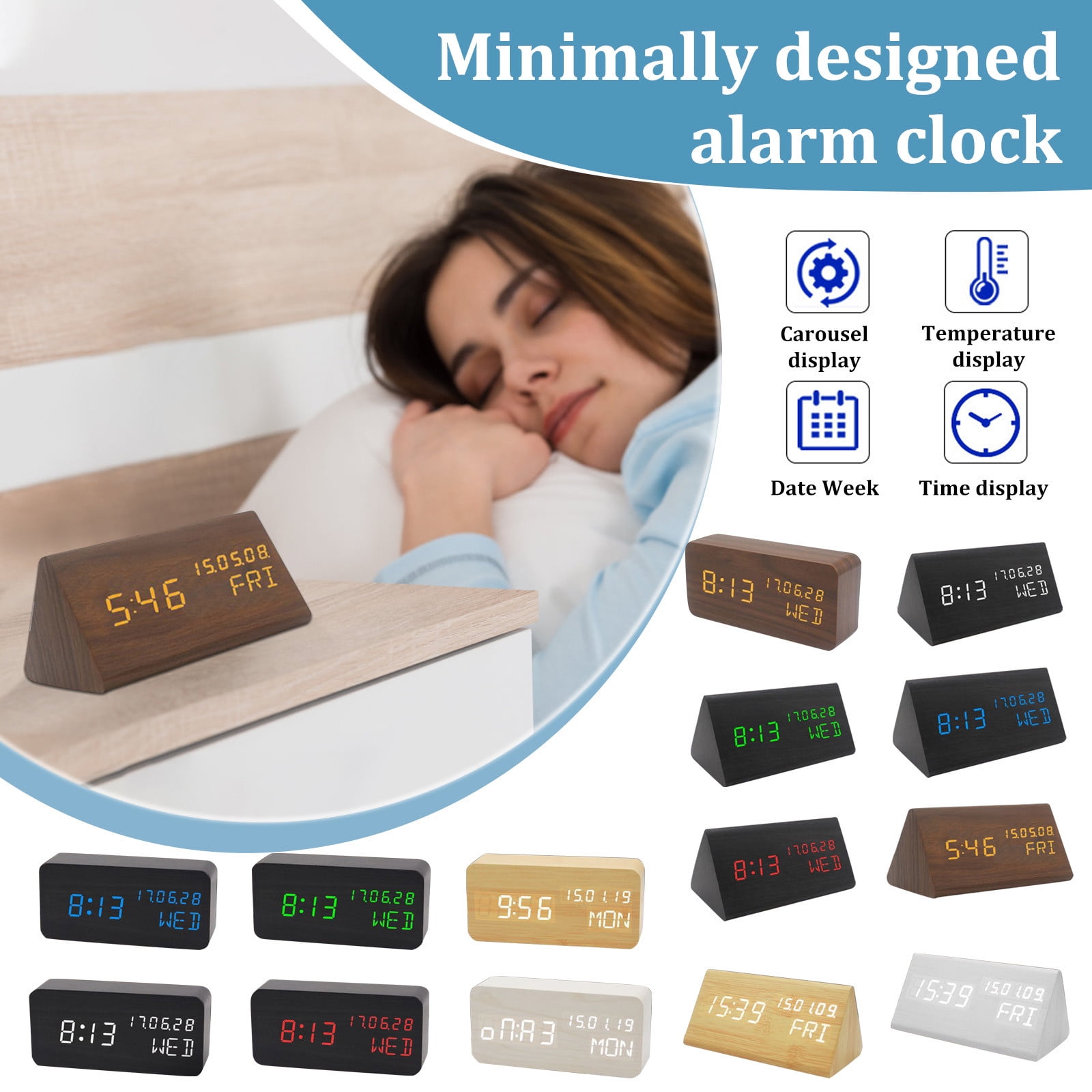 ARUTOOY Wooden Digital Alarm Clocks Smart LED Digital Clock with Date ...