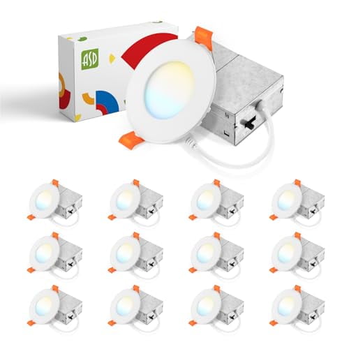 ASD 12 Pack 3 Inch LED Recessed Light, 5 CCT 2700K-5000K, 6W 30W Eqv ...