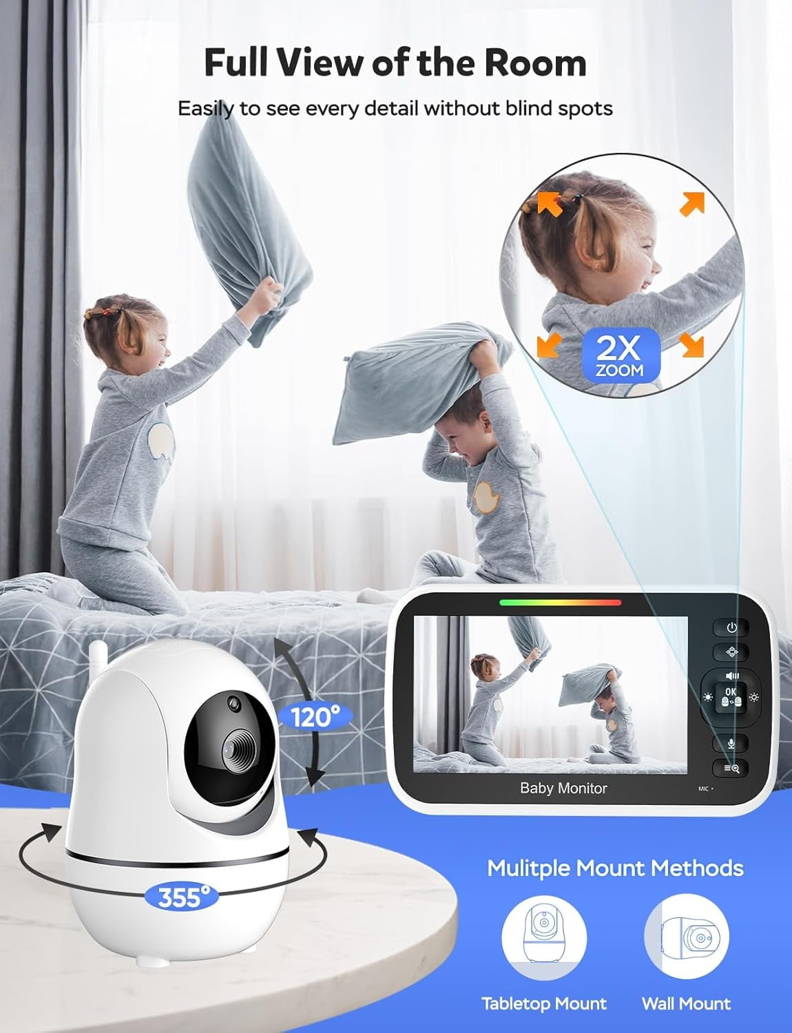ASDF Baby monitors with Camera and Audio - No WiFi, Remote Pan-Tilt ...