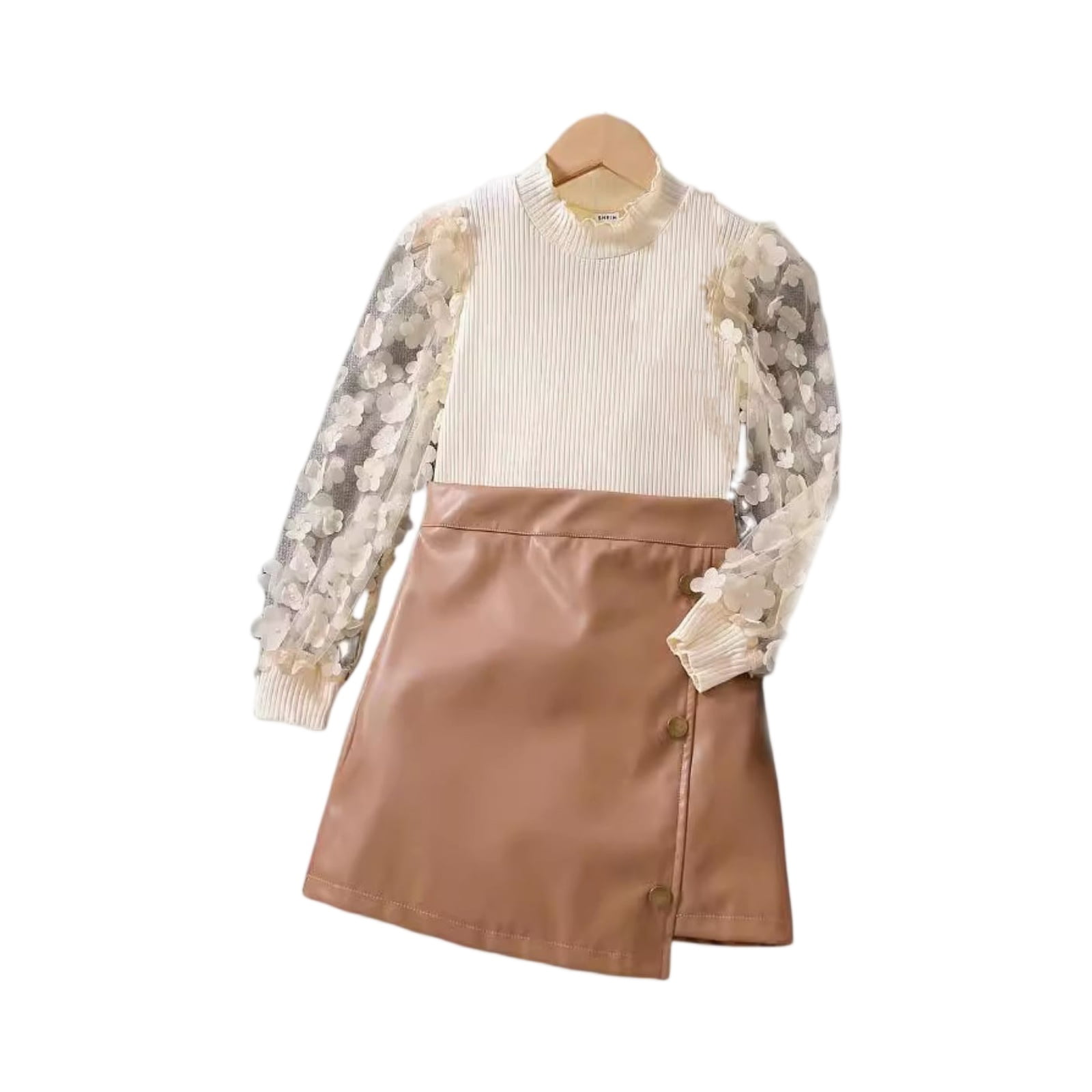 ASDFVBK Girl's Skirt Sets Ribbed Knit Mesh Long Sleeve with 3d Floral ...