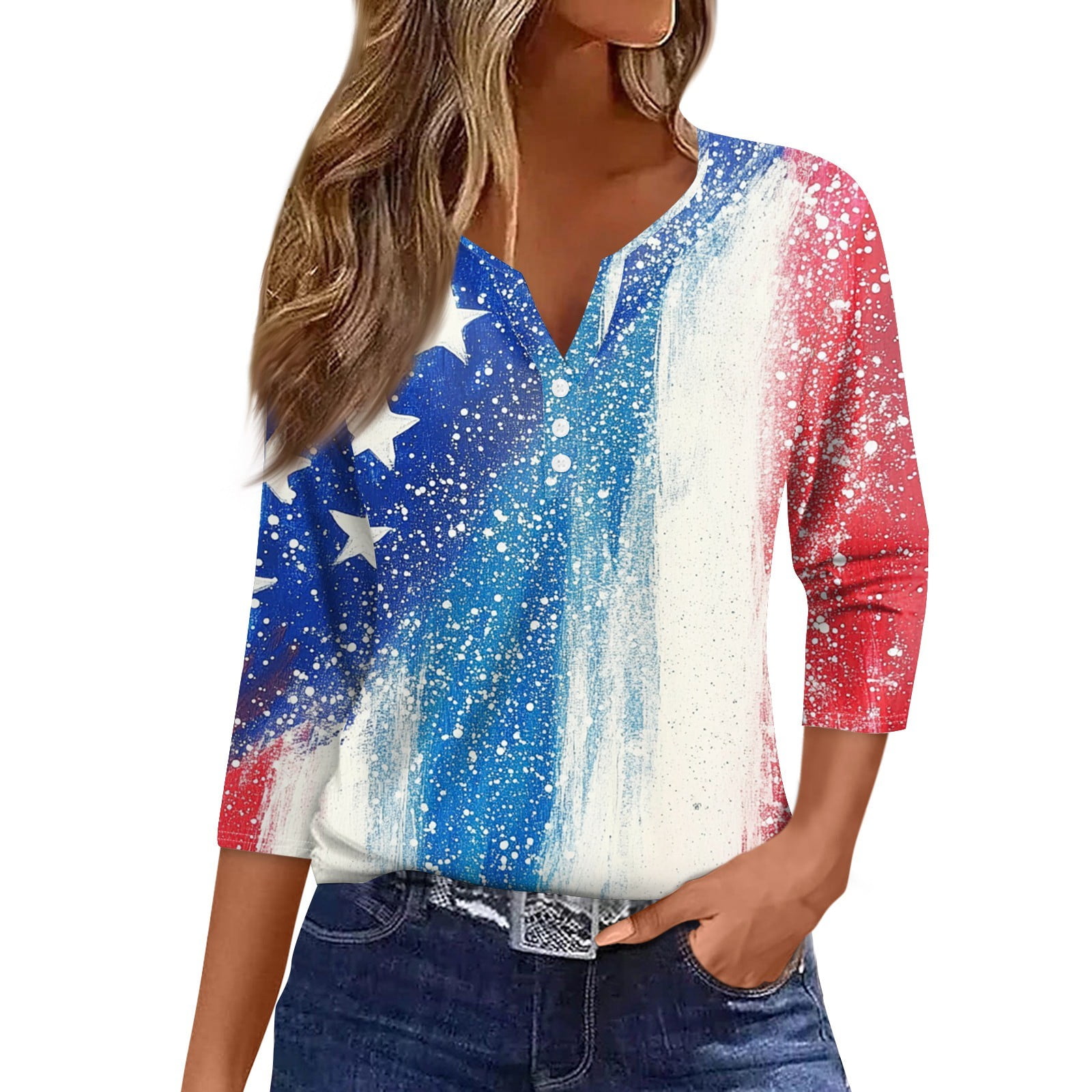 ASDFVBKG American Flag 3/4 Sleeve Shirts for Women V Neck Graphic Tees ...