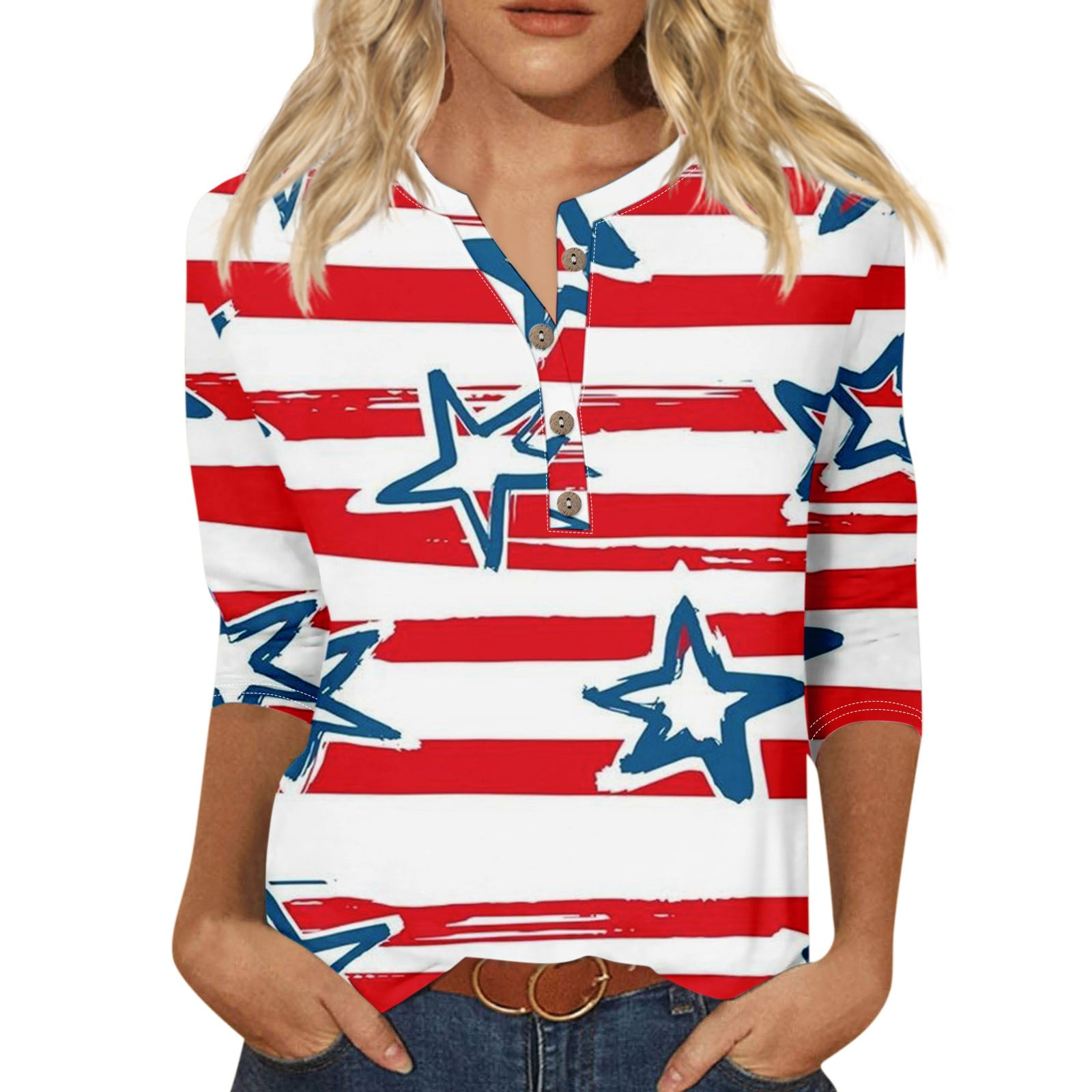 ASDFVBKG American Flag 3/4 Sleeve Shirts for Women V Neck Tshirts ...