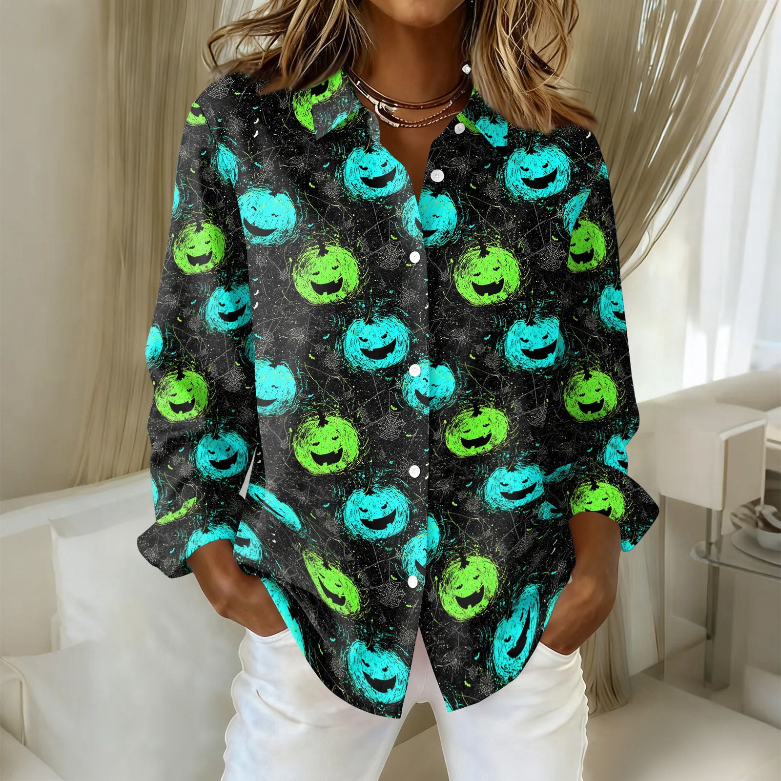ASDFVBKG Button Down Relaxed Fit Halloween Shirts Womens Long Sleeve ...