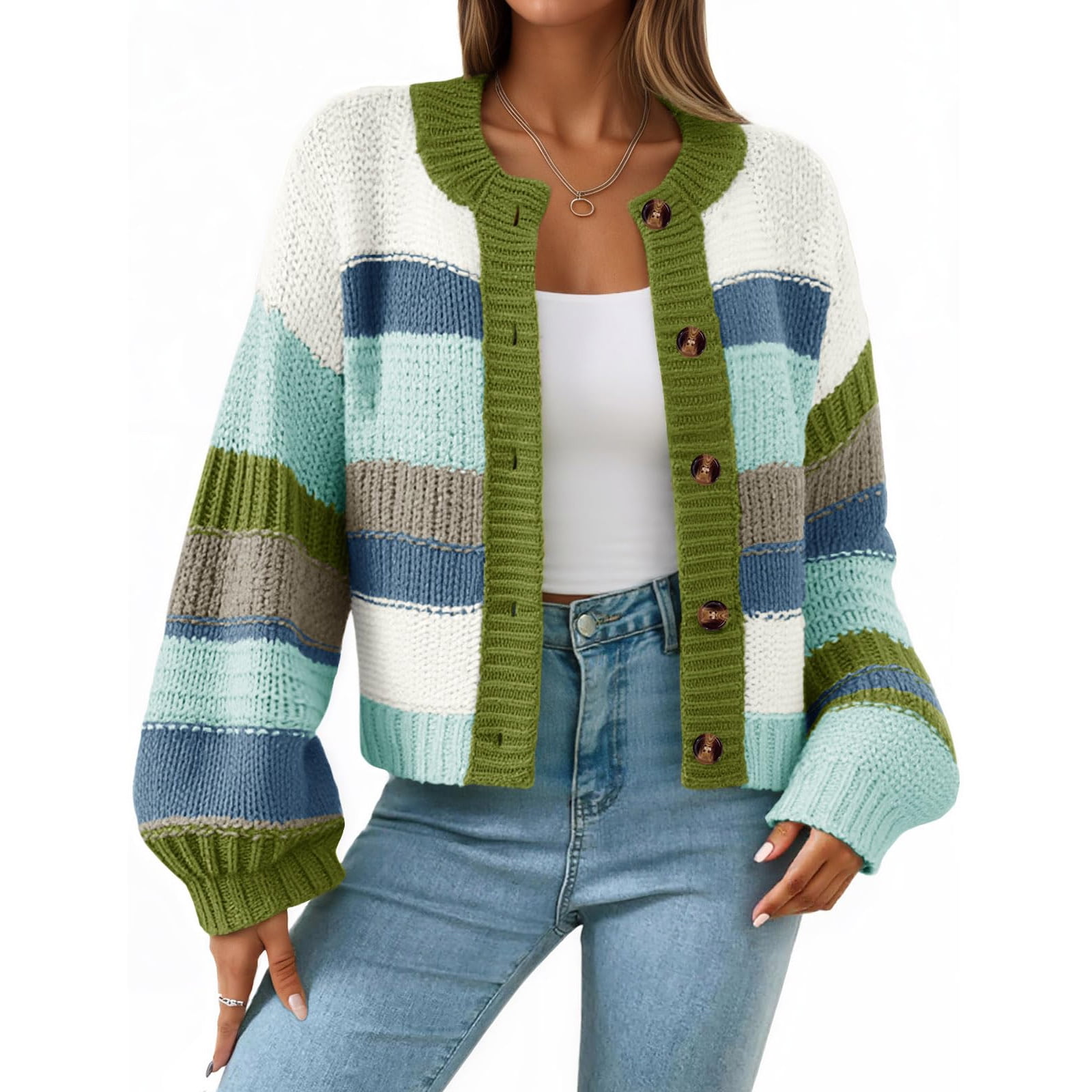 ASDFVBKG Cardigan Sweaters for Women Color Block Long Sleeve Dressy ...