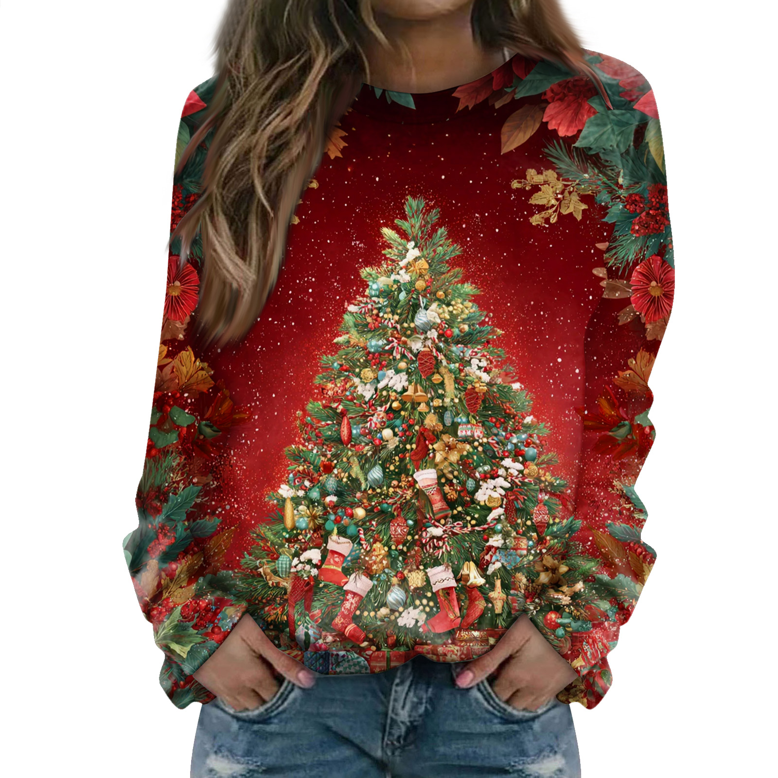 ASDFVBKG Christmas Blouses for Women Crew Neck Christmas Tree Prints ...
