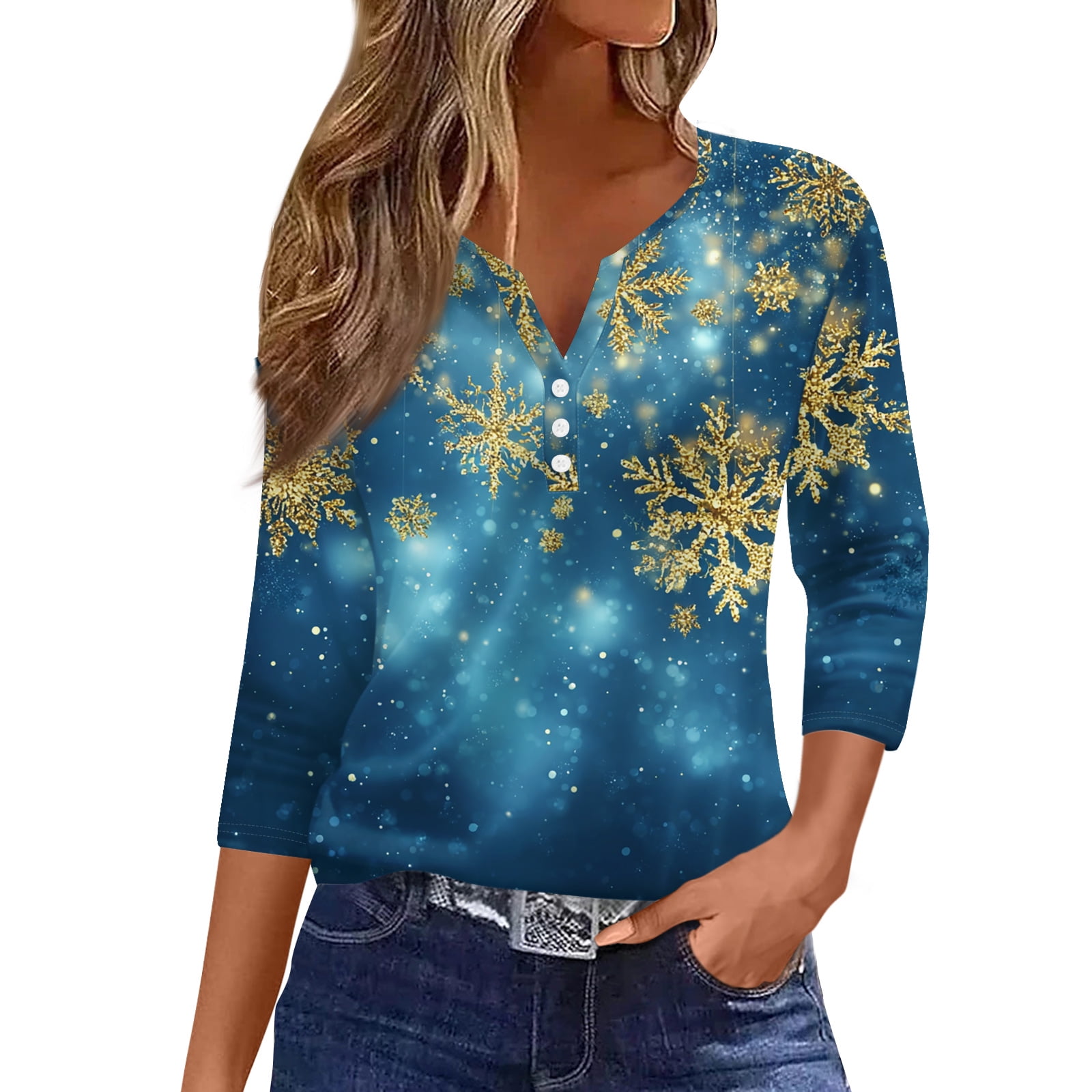 ASDFVBKG Christmas Blouses for Women Henley Snowflakes Prints 3/4 ...