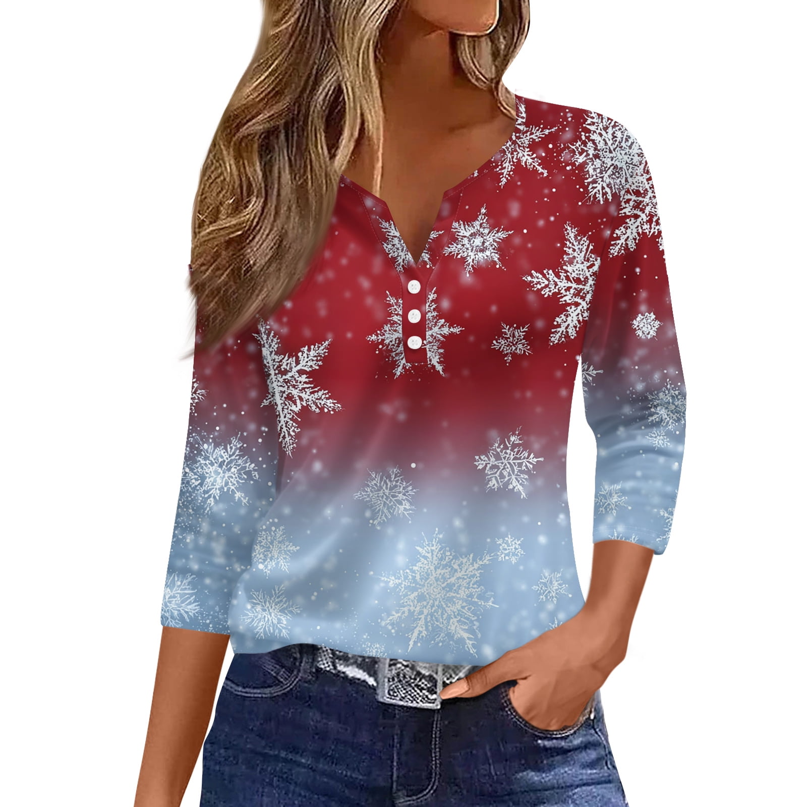 ASDFVBKG Christmas Blouses for Women Henley Snowflakes Prints Three ...