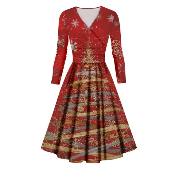 ASDFVBKG Christmas Dress,women Long Sleeve V Neck Plus Size a Line Xmas ...