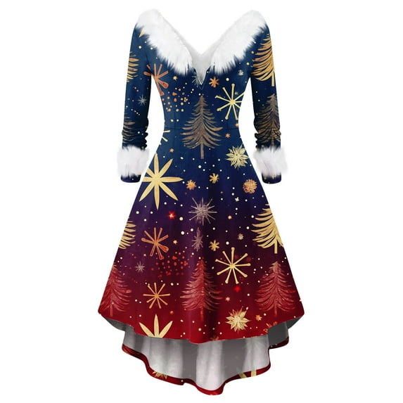 ASDFVBKG Christmas Dresses for Womens Faux Fur V-Neck Long Sleeve ...