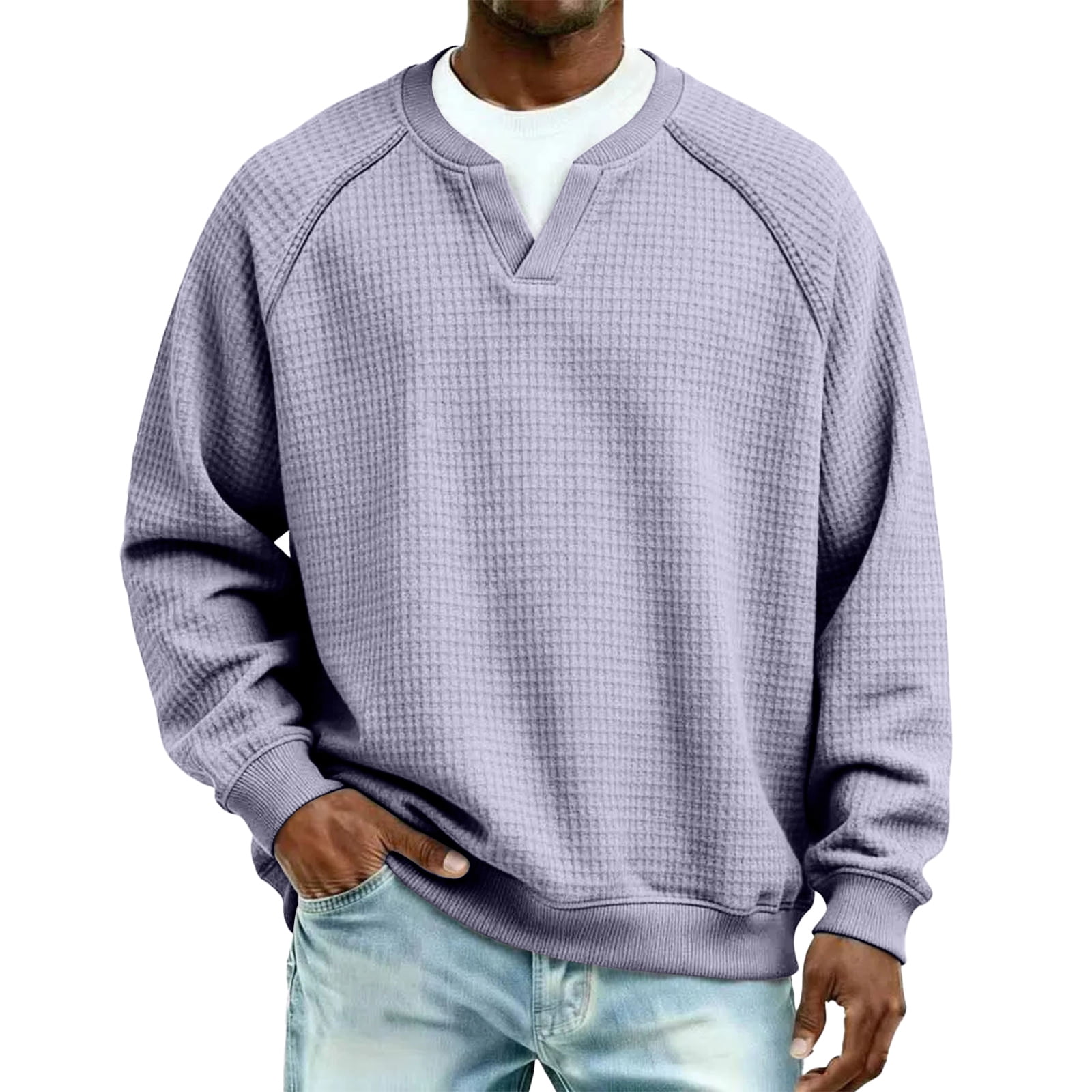 ASDFVBKG Crewneck Pullover Men Waffle Cozy Long Sleeve V Neck Retro ...