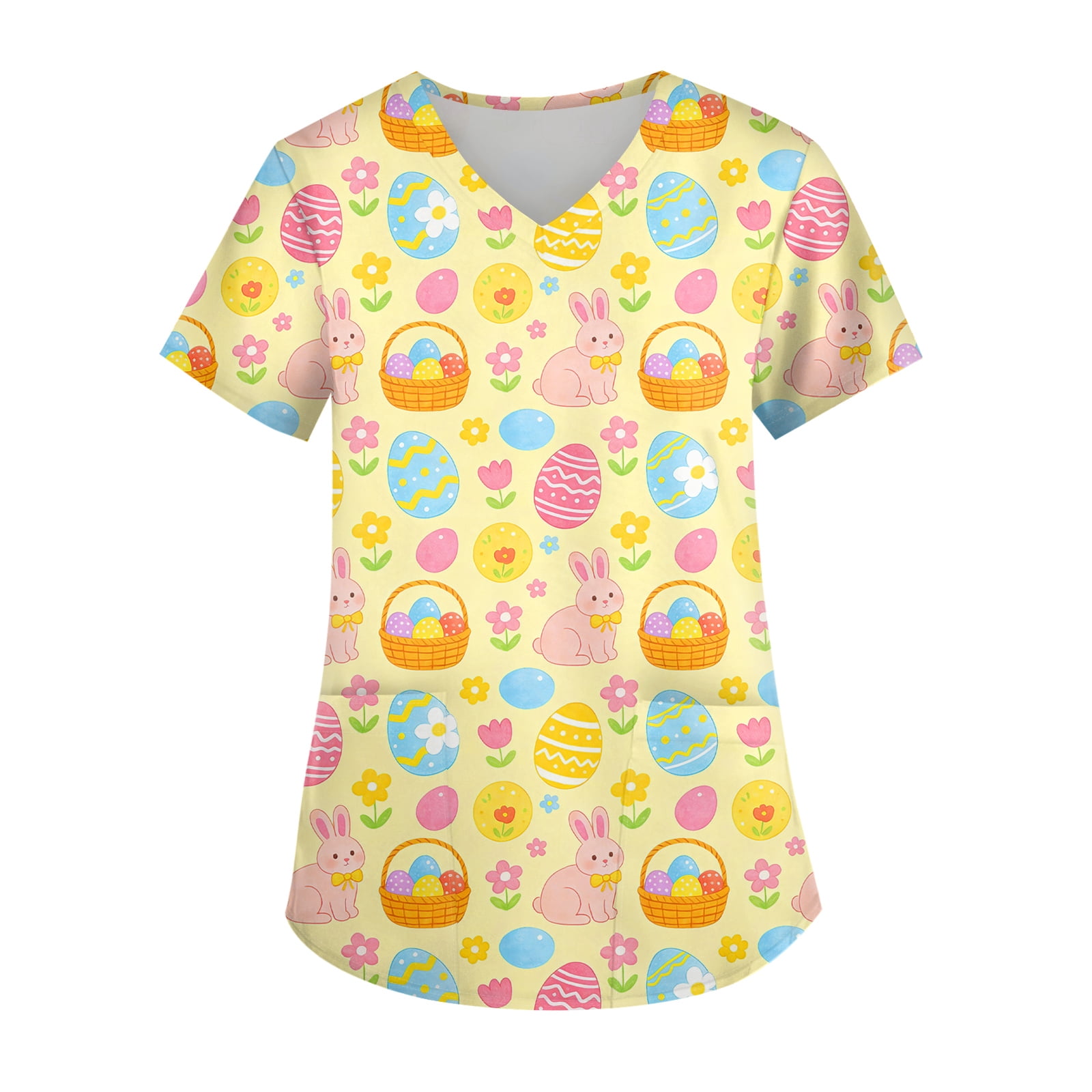 ASDFVBKG Easter Chick Scrub Tops Women Bunny Egg Print Scrubs Plus Size ...