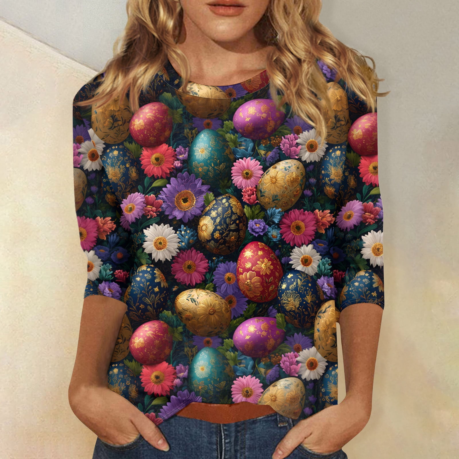 ASDFVBKG Easter Shirt Women 3/4 Length Sleeve Crew Neck Shirts Dressy ...